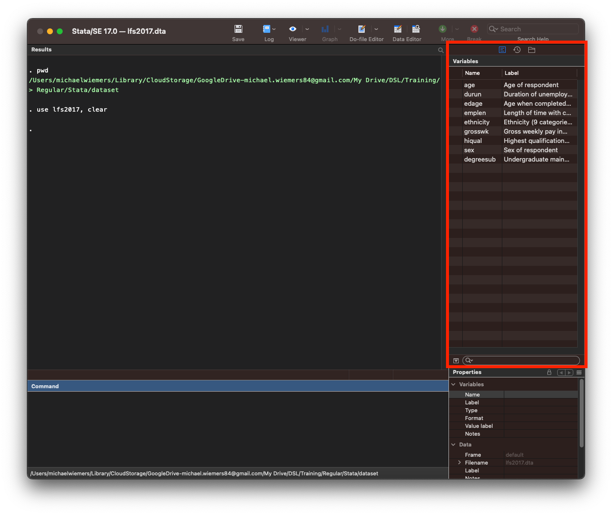 Stata user interface showing variables in the variables pane after having loaded a dataset